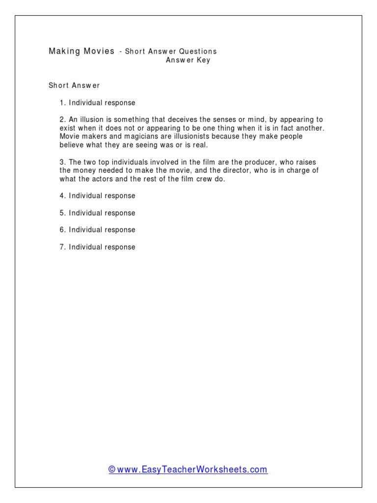 Making Movies: - Short Answer Questions Answer Key Short Answer | PDF