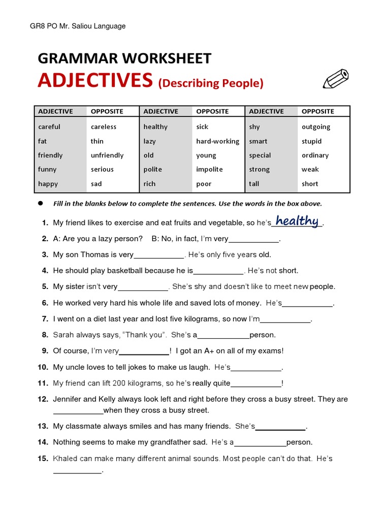Adjectives: Grammar Worksheet | PDF