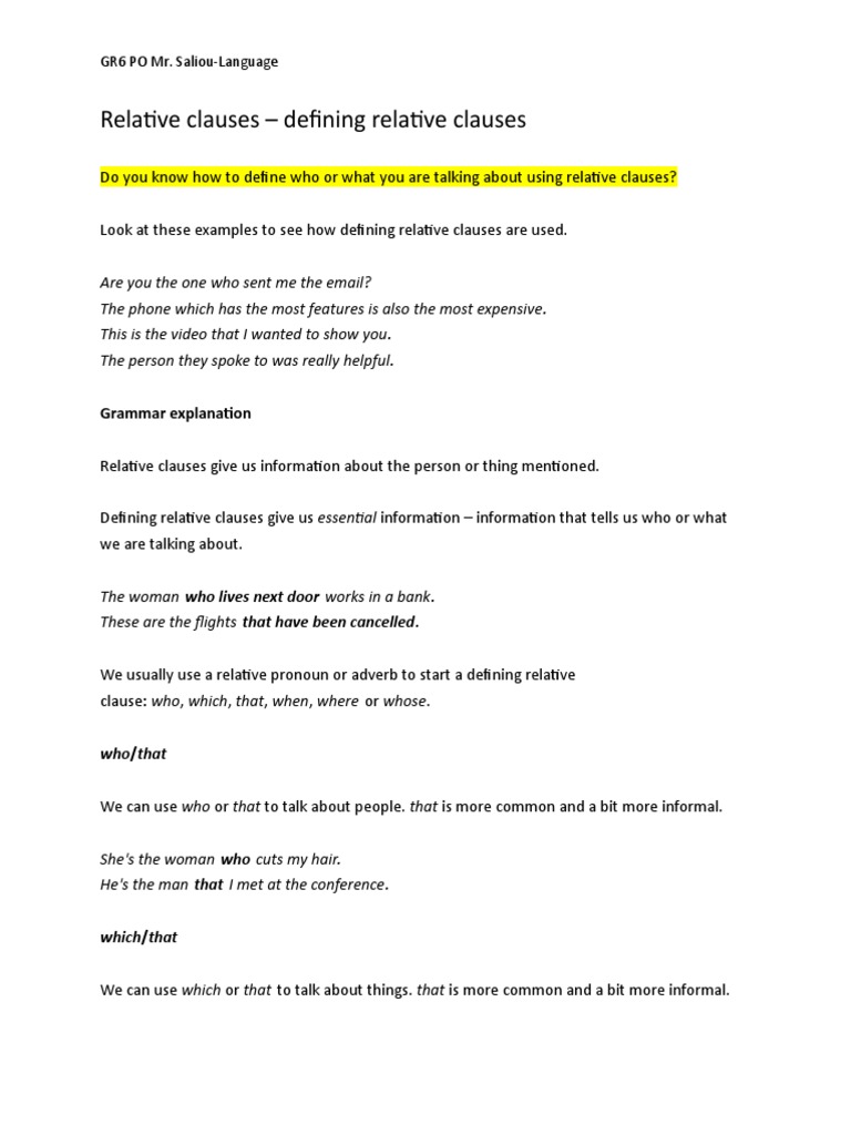 Relative Clauses - Defining Relative Clauses: Grammar Explanation | PDF