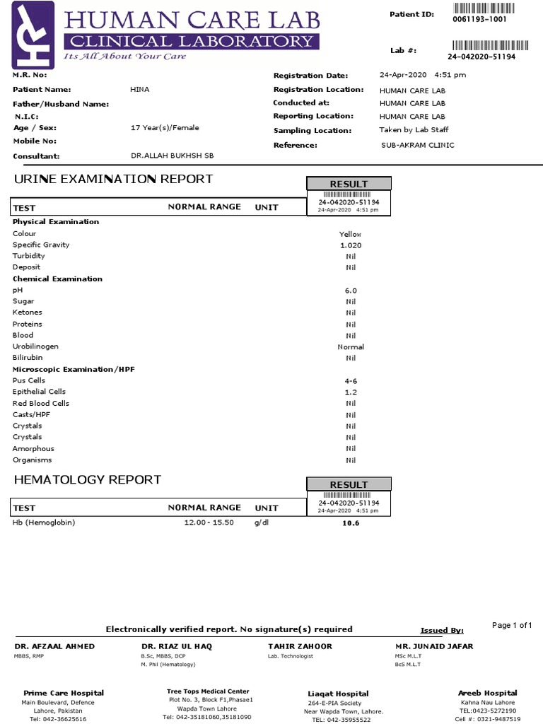 Urine Examination Report: Test Normal Range Unit | PDF | Medical ...