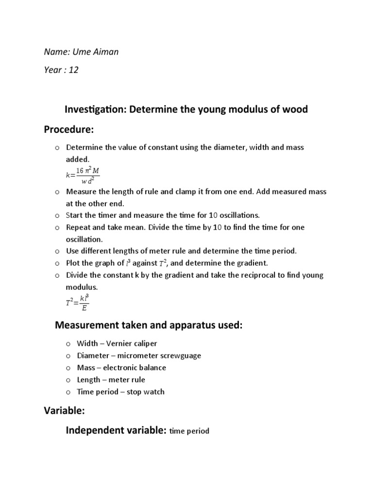 Investigation: Determine The Young Modulus of Wood Procedure | PDF
