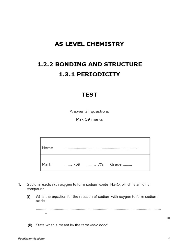 As Level Chemistry: Paddington Academy 1 | Download Free PDF | Chemical ...