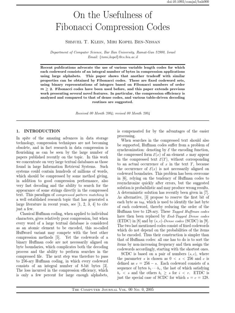 On The Usefulness of Fibonacci Compression Codes: Shmuel T. Klein, Miri Kopel Ben-Nissan ...