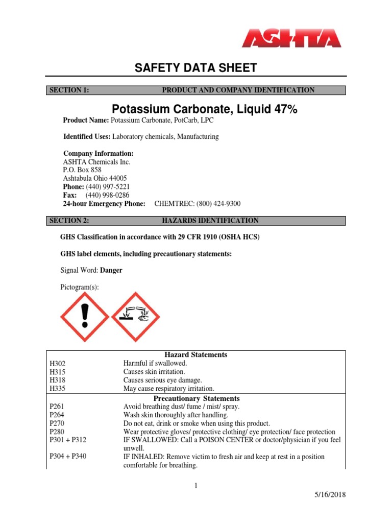 Safety Data Sheet for Potassium Carbonate Liquid 47% Solution | PDF ...