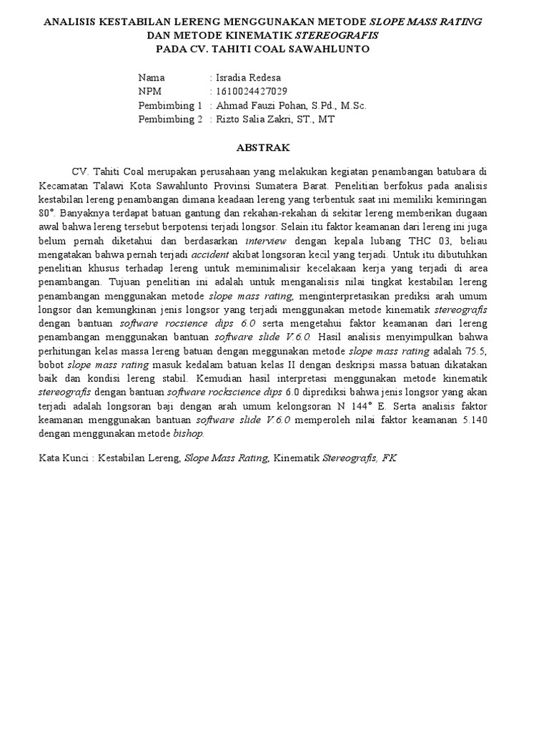 Analisis Kestabilan Lereng Menggunakan Metode Slope Mass Rating Dan Metode Kinematik ...