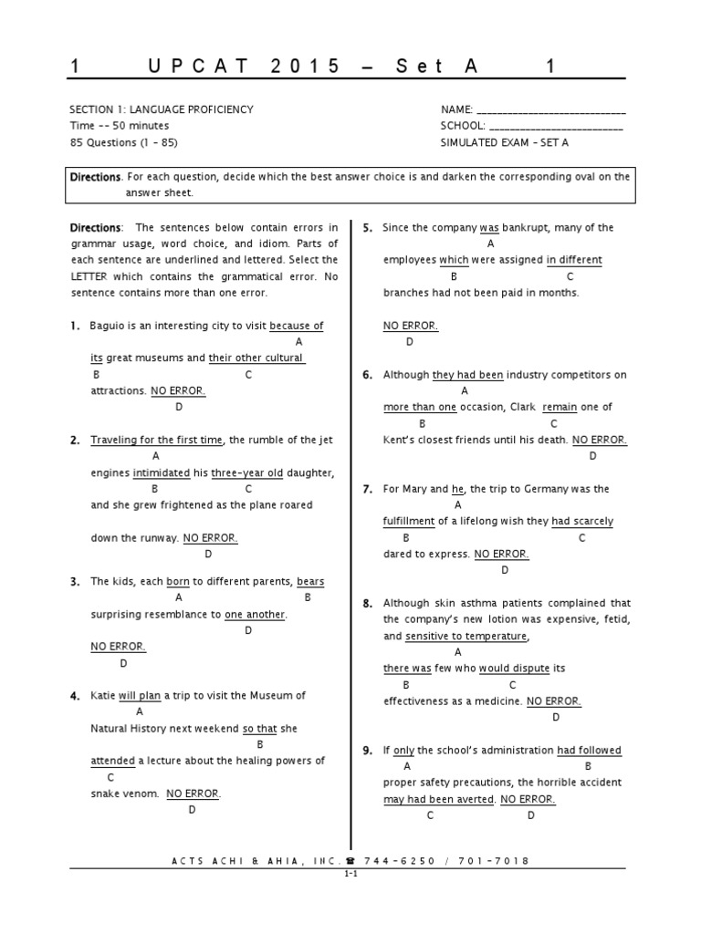 UPCAT 2015 - SIMULATED EXAM - SET A - SECTION 1 - LANGUAGE PROFICIENCY ...