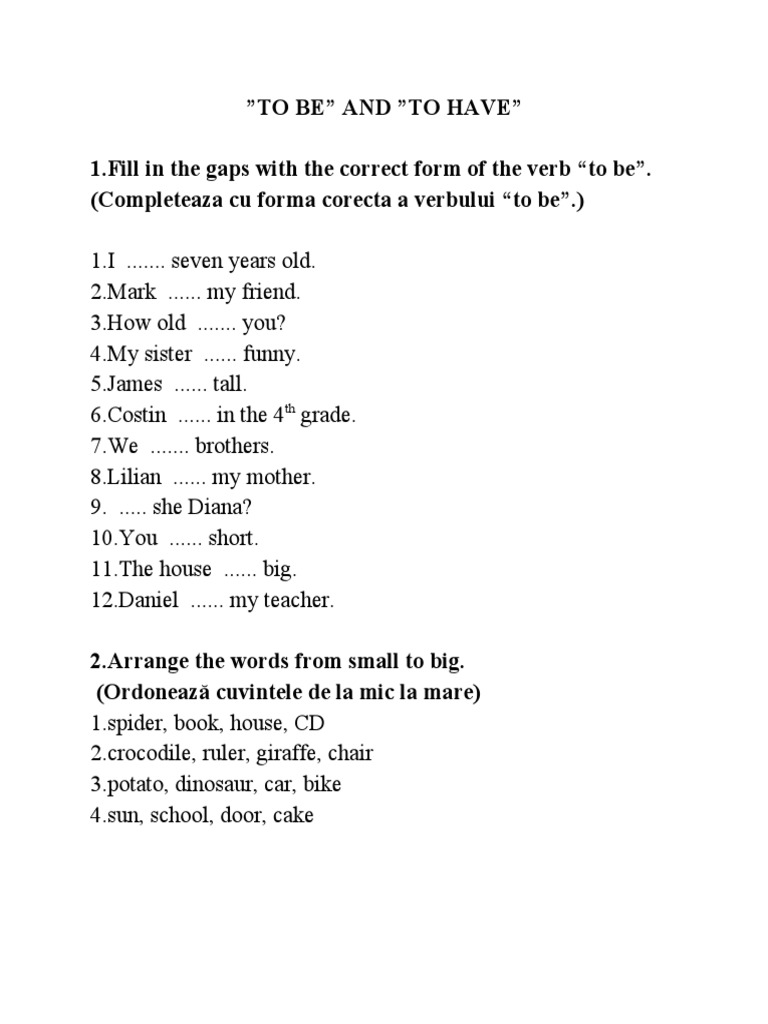 "To Be" and "To Have" 1.fill in The Gaps With The Correct Form of The ...