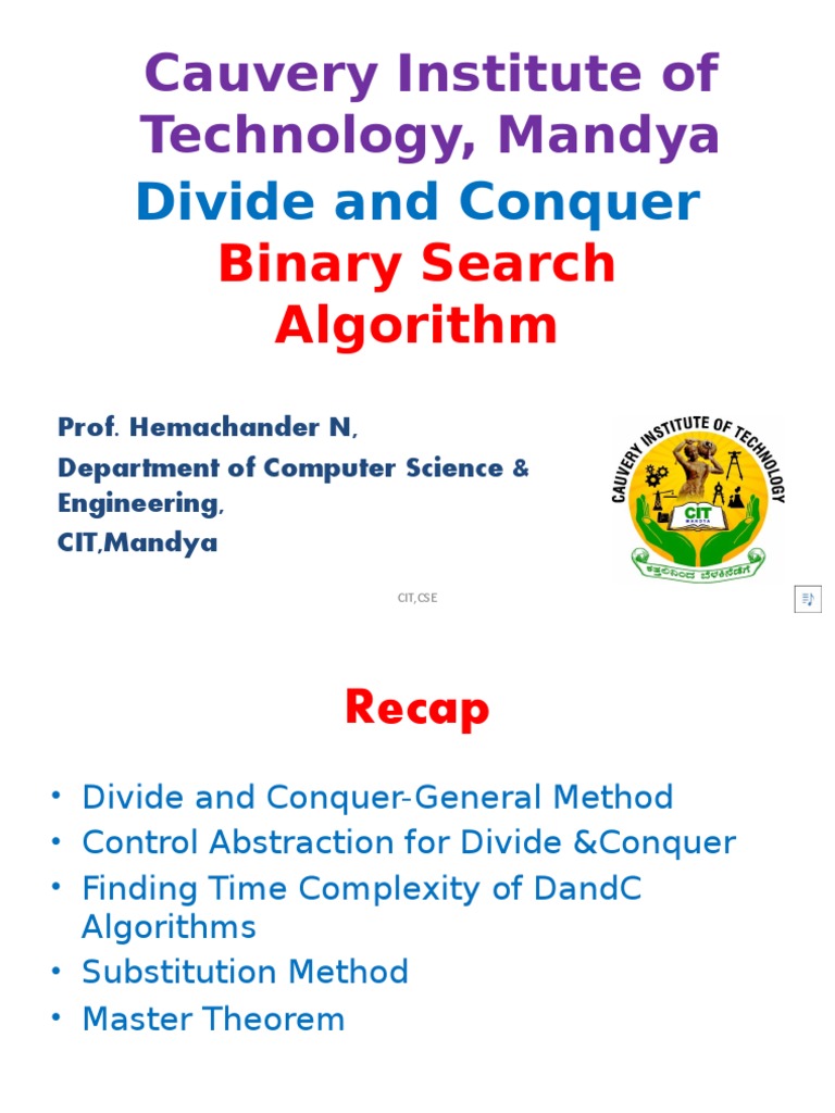 Cauvery Institute of Technology, Mandya: Divide and Conquer | PDF ...