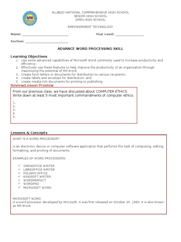Advance Word Processing Skill Learning Objectives | PDF | Microsoft ...