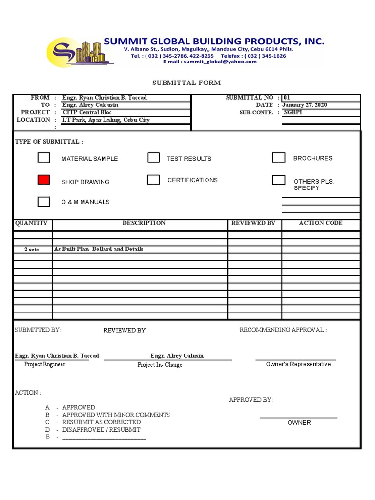Submittal Form: Test Results Brochures Material Sample | PDF