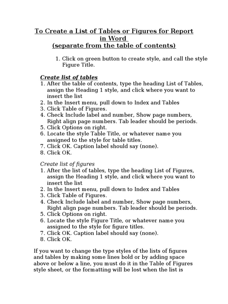 To Create A List of Tables or Figures For Report in Word (Separate From ...
