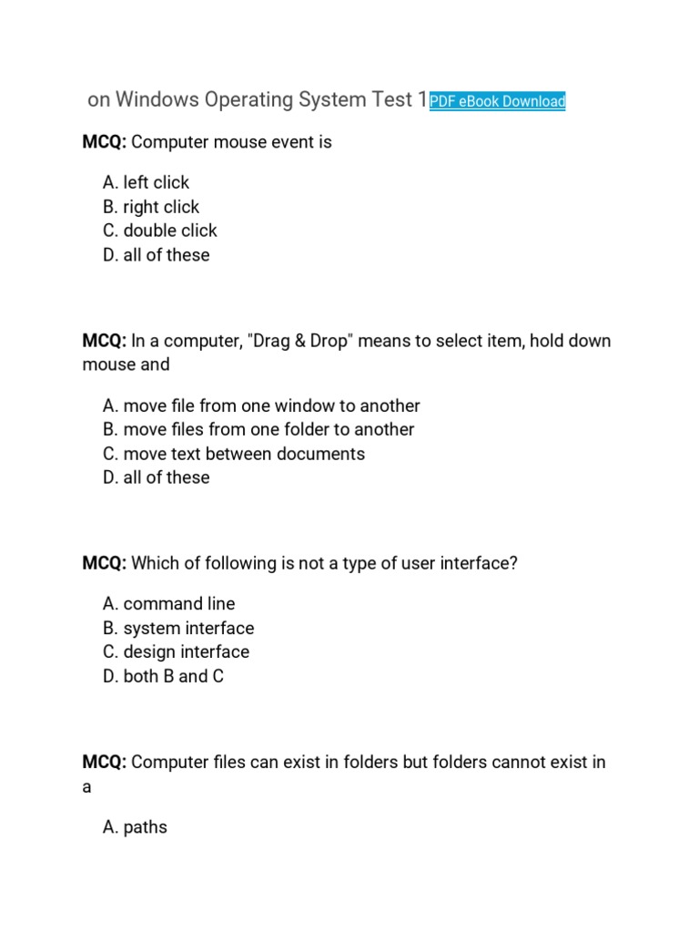 On Windows Operating System Test 1: Answer | PDF