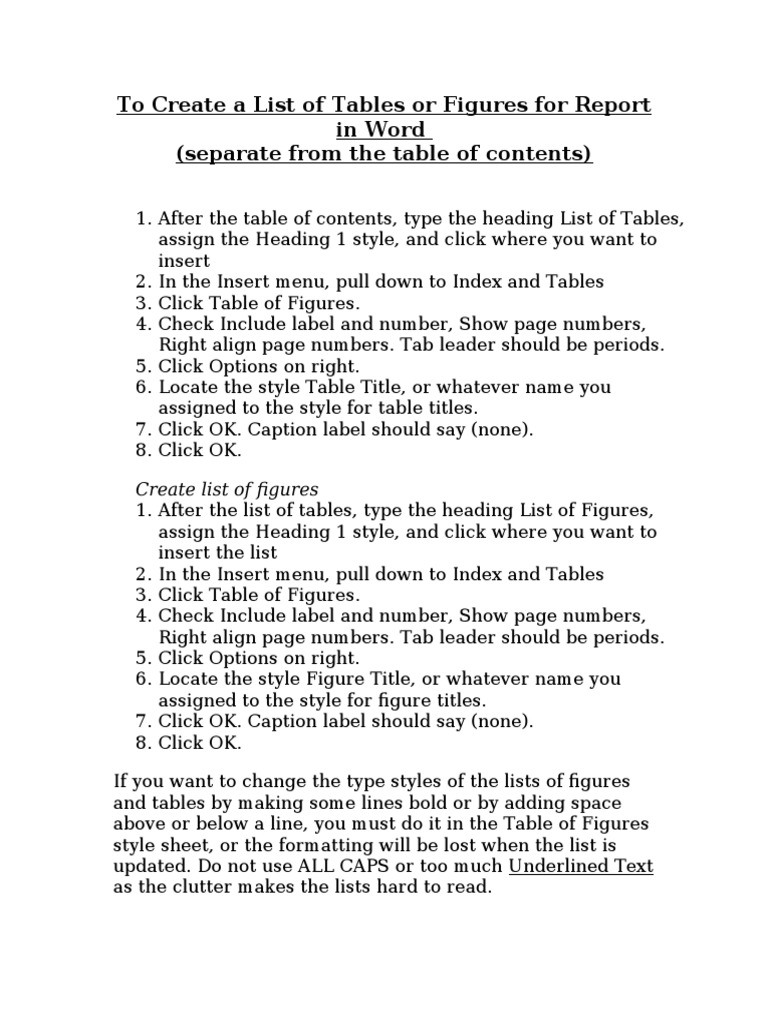 To Create A List of Tables or Figures For Report in Word (Separate From ...