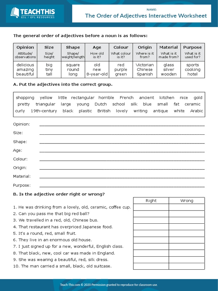 The Order of Adjectives Interactive Worksheet | PDF | Adjective