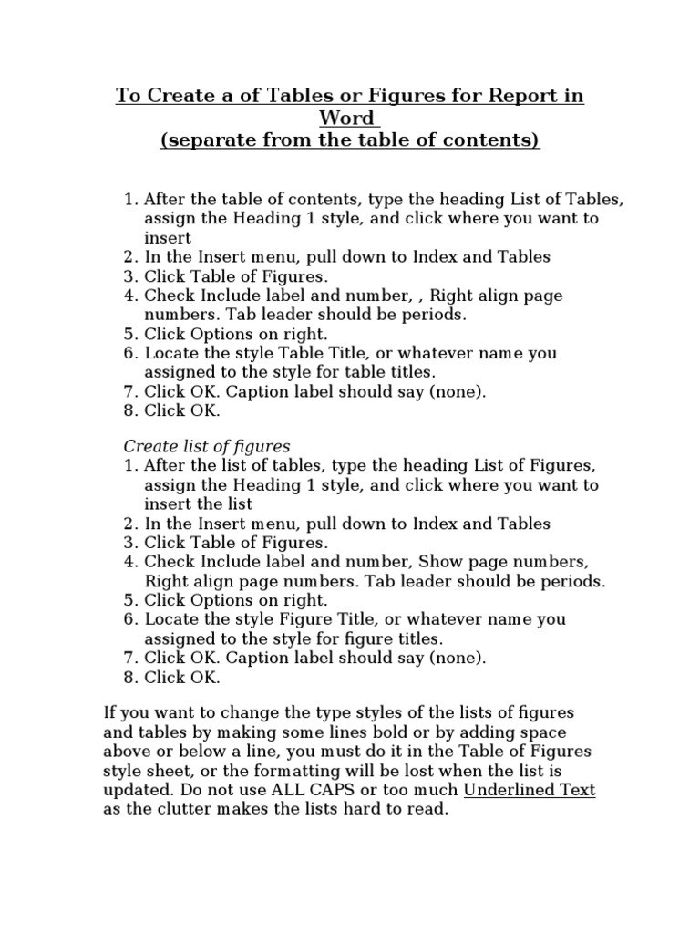 To Create A of Tables or Figures For Report in Word (Separate From The ...
