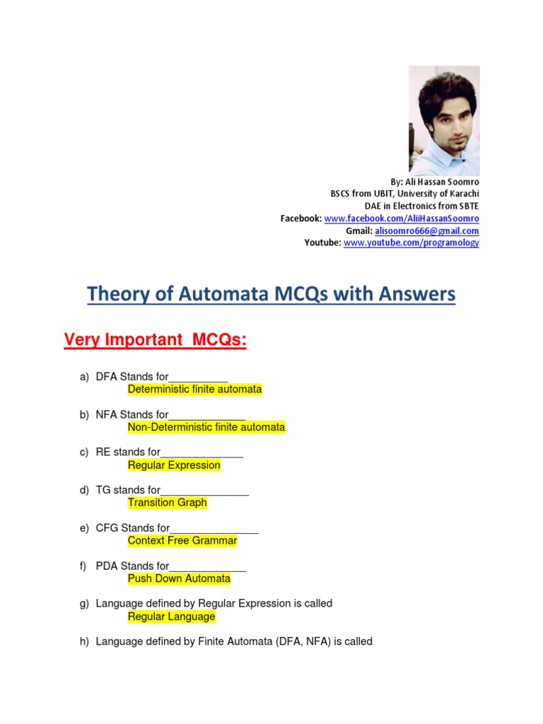 MCQs by Ali Hassan Soomro | PDF | Formalism (Deductive) | Theoretical Computer Science