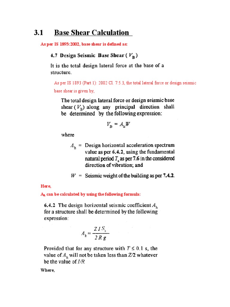 3.1 Base Shear Calculation: As Per IS 1893:2002, Base Shear Is Defined ...