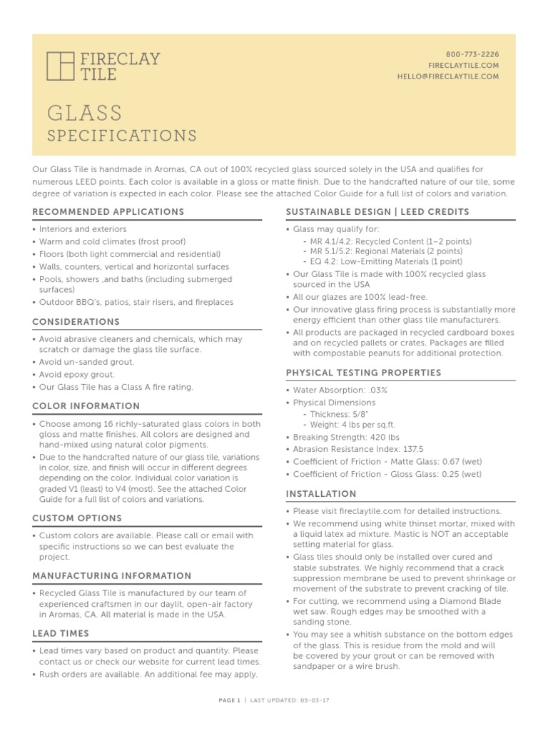 FireclayTile SpecSheets Glass | PDF | Tile | Glasses