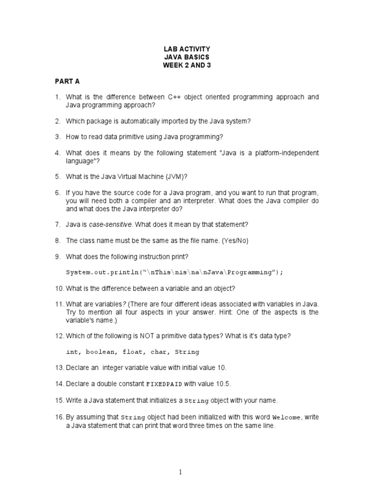 Lab Activity Java Basic Pdf Java Programming Language Variable Computer Science 0091