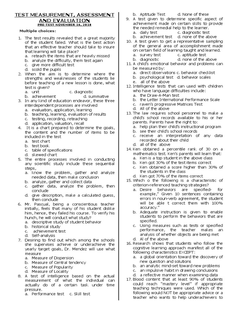 Test Measurement, Assessment and Evaluation: Multiple Choices | PDF ...
