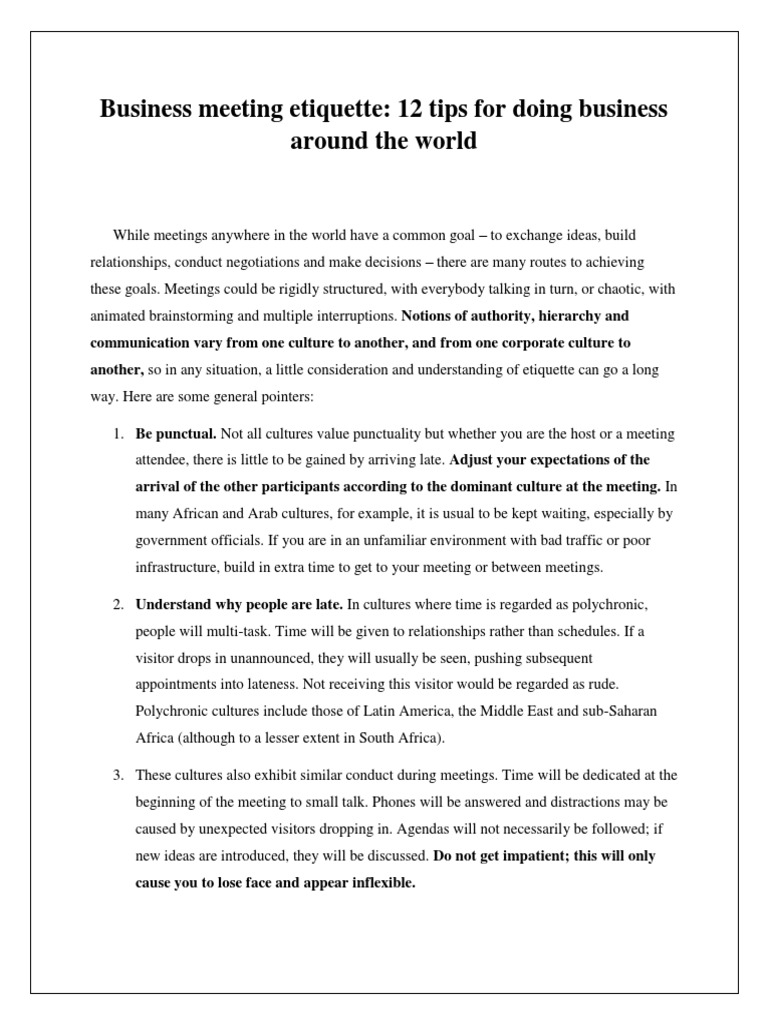 International Meeting Etiquette | PDF | Psychological Concepts | Human ...