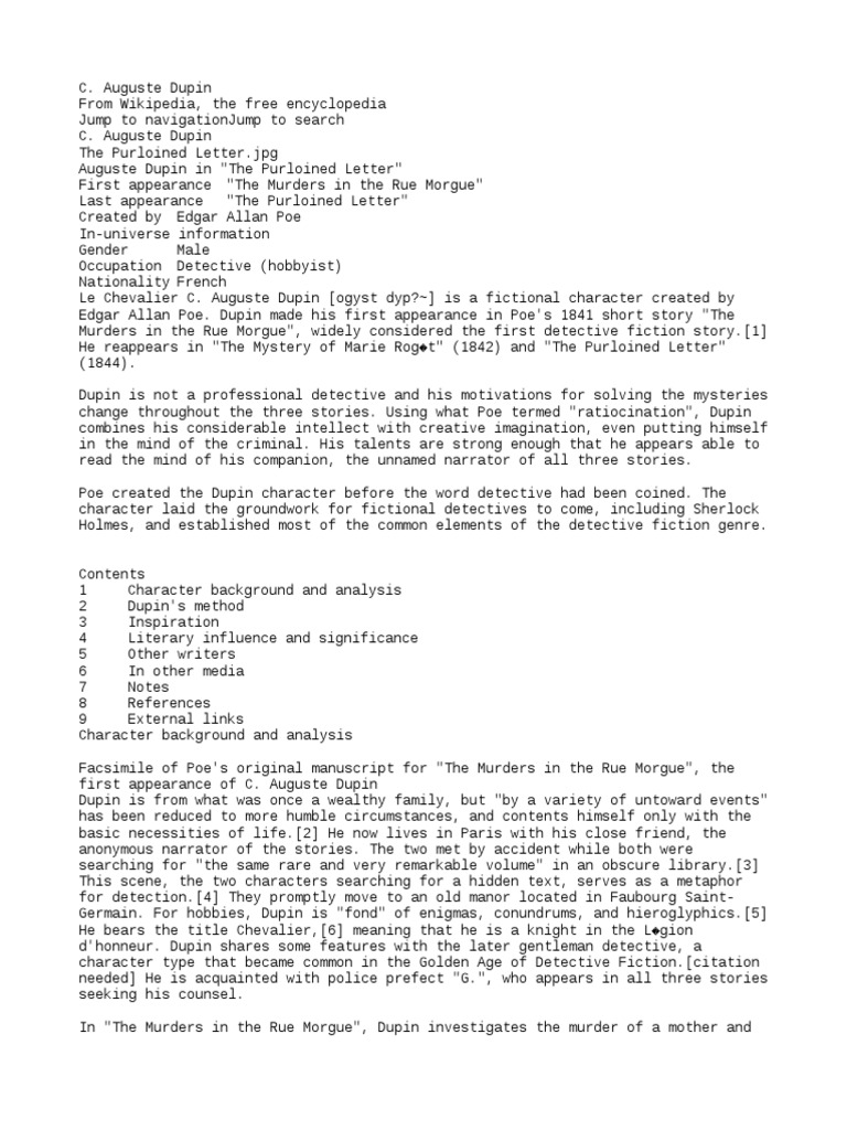 Poe's Detective: C. Auguste Dupin | PDF | C. Auguste Dupin | The ...