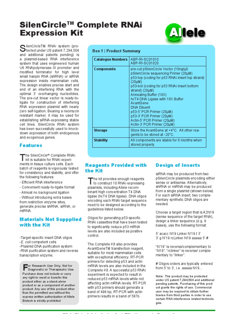 SilenCircle Complete RNAi Kit | PDF | Rna Interference | Sense ...