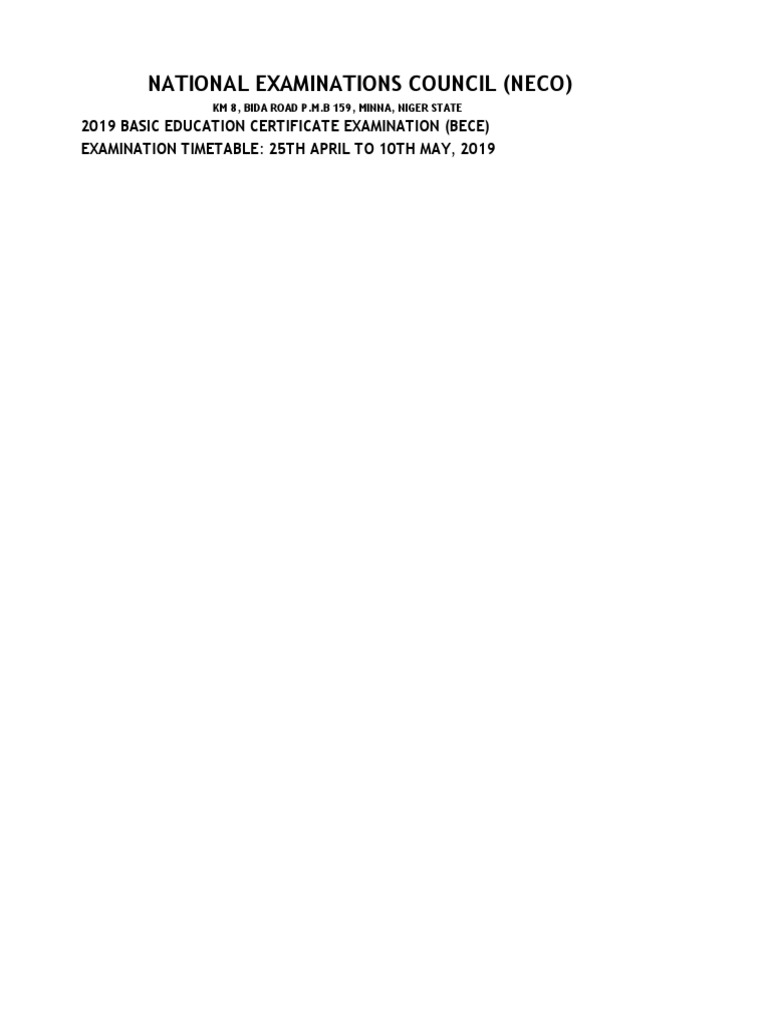 NECO 2019 BECE Examination Timetable | PDF | Learning