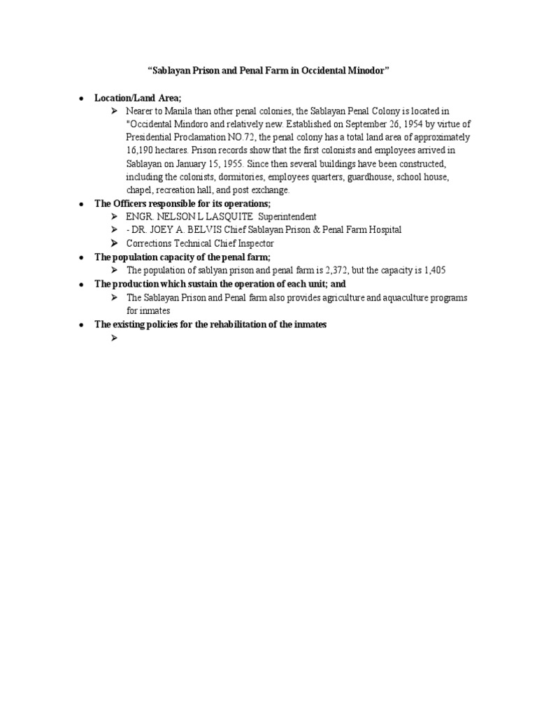 Sablayan Prison and Penal Farm in Occidental Minodor | PDF
