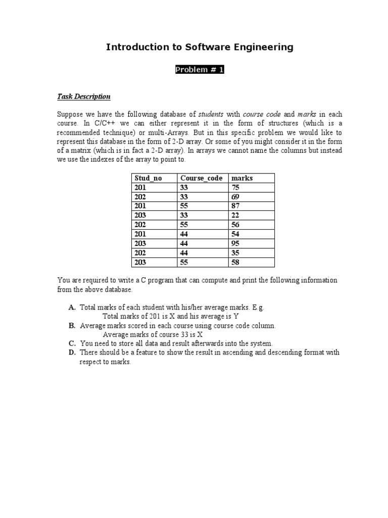 Introduction To Software Engineering: Task Description | PDF | Databases | Matrix (Mathematics)