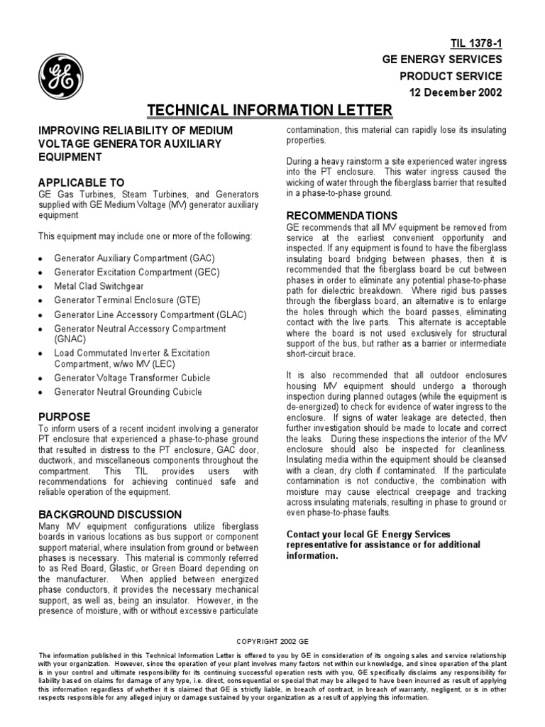 Technical Information Letter: TIL 1378-1 Ge Energy Services Product ...