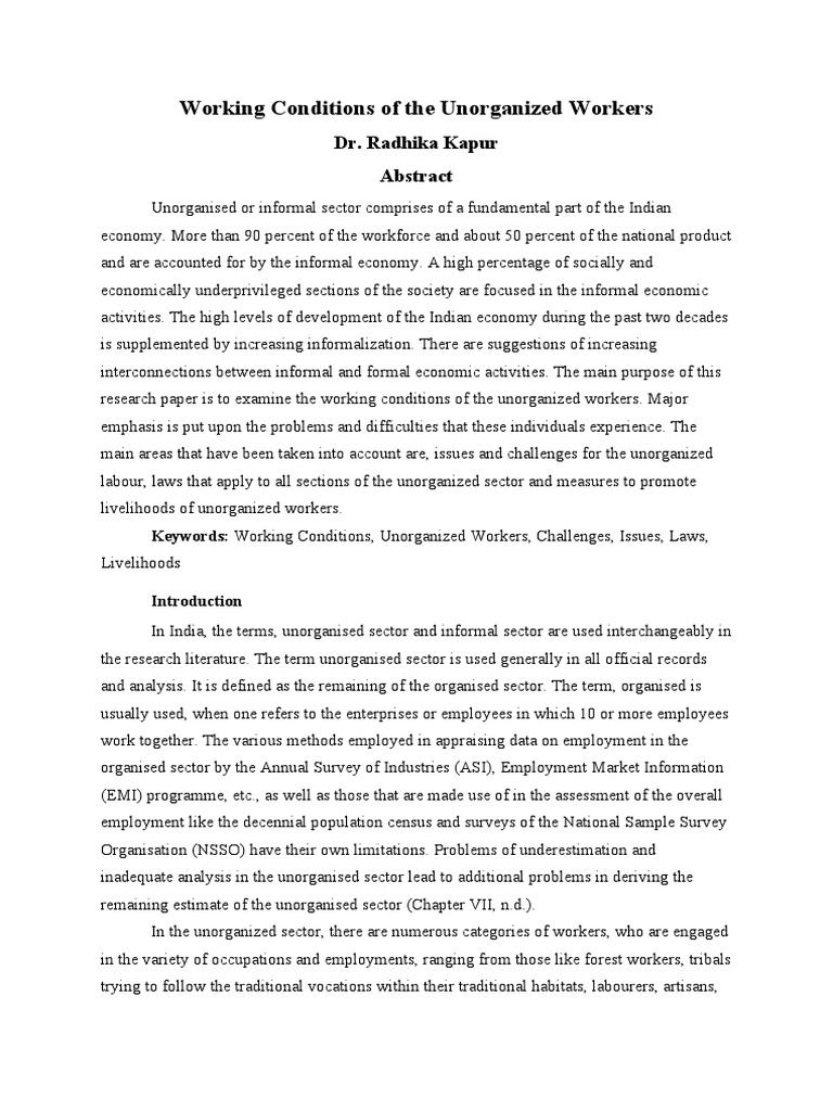 Working Conditions of The Unorganized Workers: Dr. Radhika Kapur | PDF ...