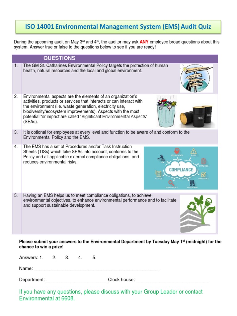 ISO 14001 Environmental Management System (EMS) Audit Quiz: Questions | PDF