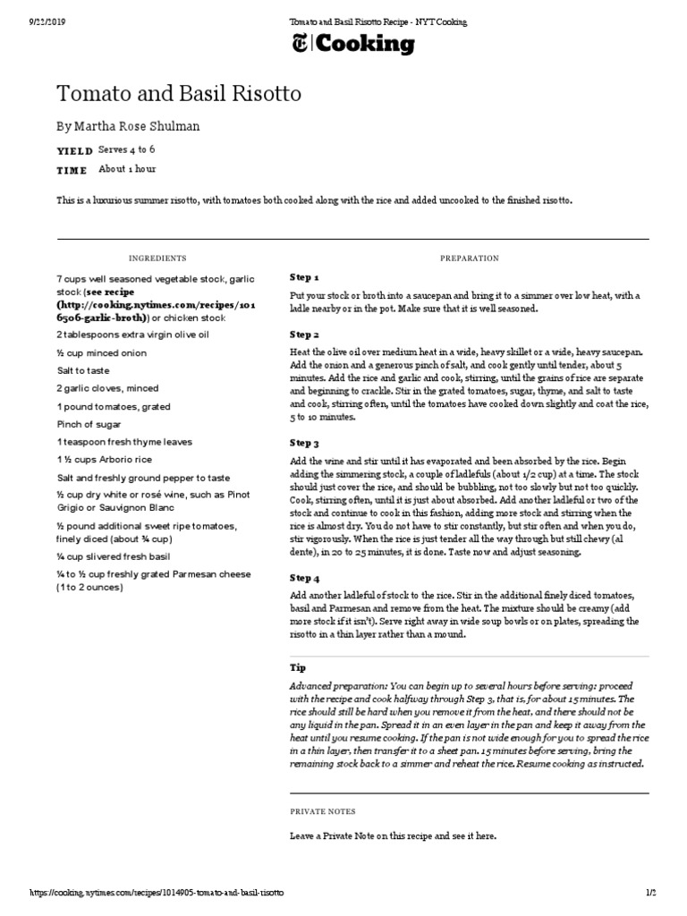 Tomato and Basil Risotto Recipe - NYT Cooking | PDF | Foods | Cooking