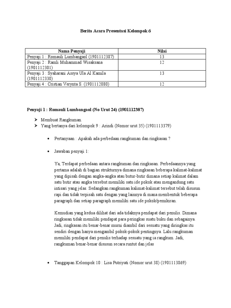 Berita Acara Presentasi Kelompok 6 B UPW B.INDO | PDF