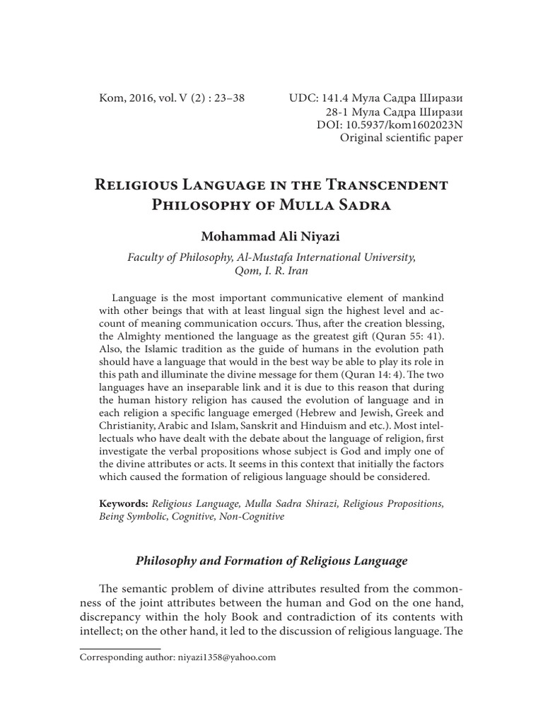 Religious Language in The Transcendent Philosophy of Mulla Sadra | PDF ...