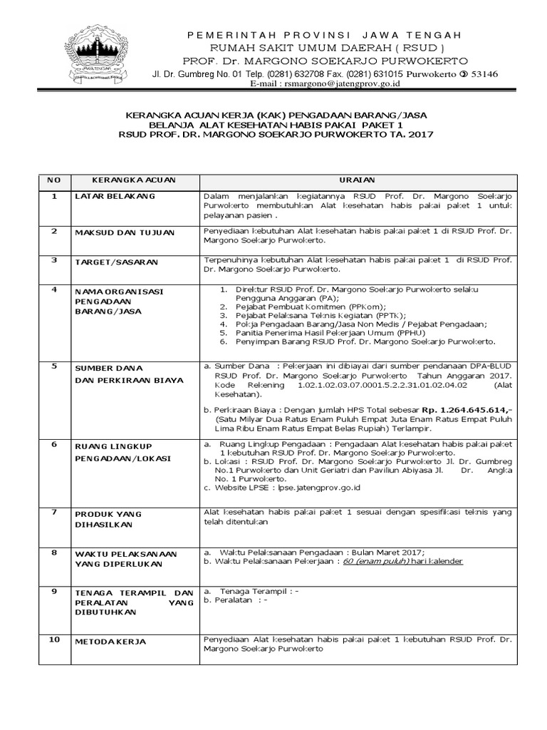 Kerangka Acuan Kerja Kak Pengadaan Barang Jasa Belanja Alat Kesehatan Habis Pakai Paket 1 Rsud ...