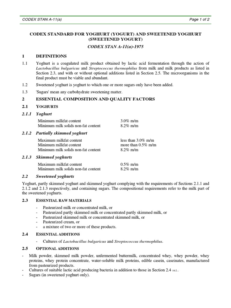 CODEX STAN A-11 (A) - 1975: Codex Standard For Yoghurt (Yogurt) and ...