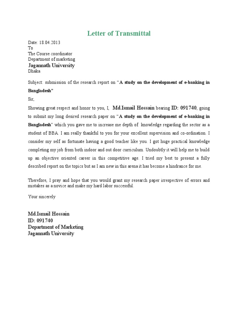 Letter of Transmittal: Jagannath University | PDF | Thesis | Online Banking