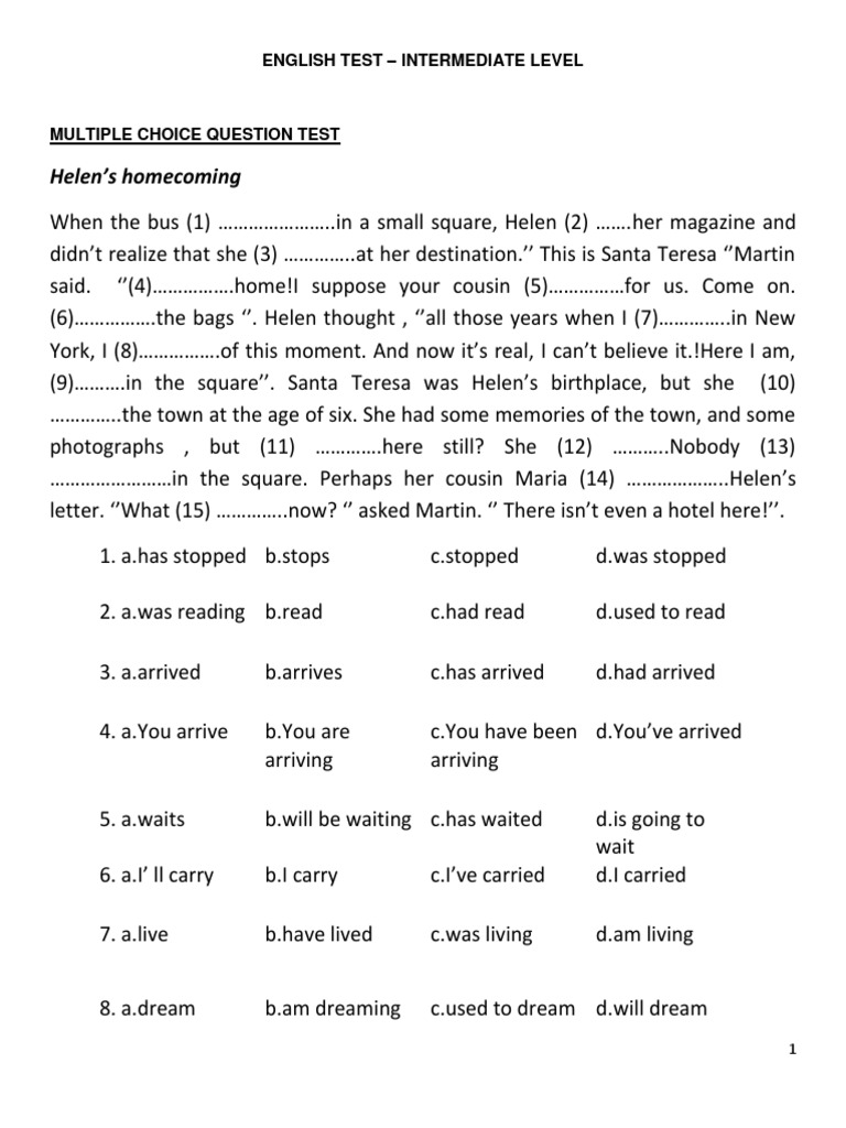 Helen's Homecoming: English Test - Intermediate Level | PDF