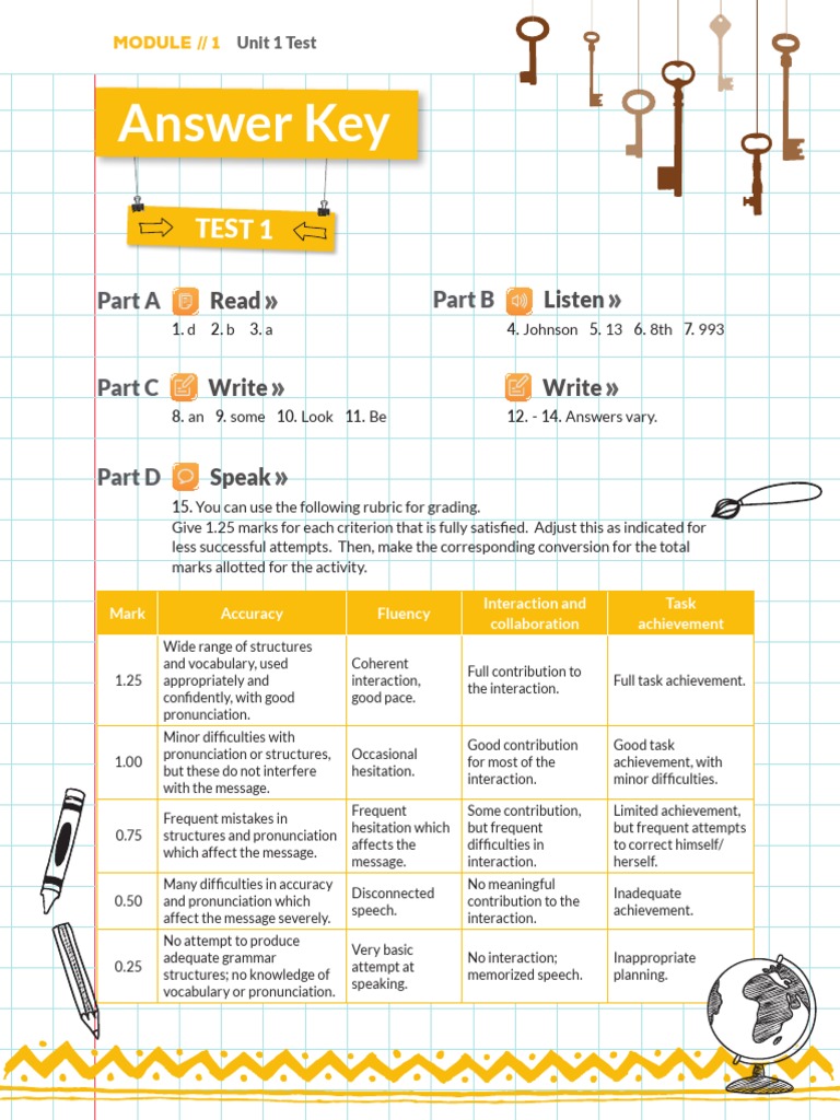 Answer Key: Test 1 | PDF | Fluency | Vocabulary