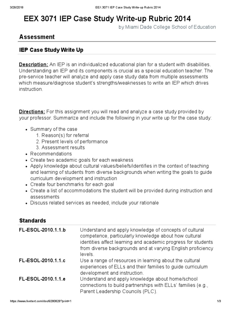 EEX 3071 IEP Case Study Write-Up Rubric 2014 | PDF | Individualized ...