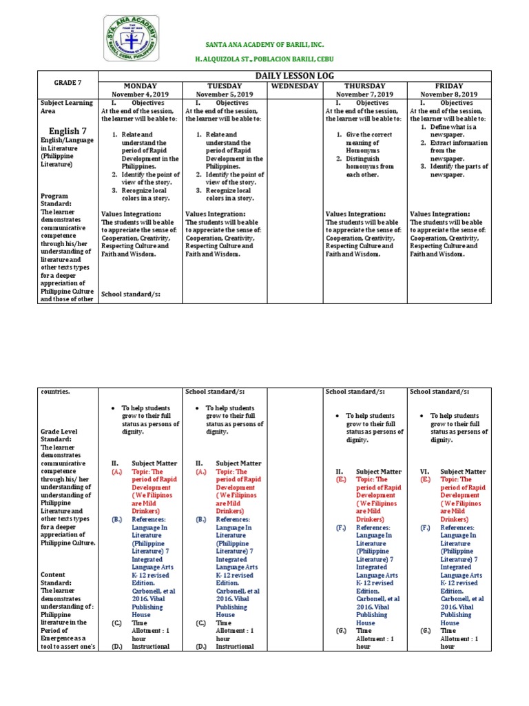 Grade 7 Daily Reading Lessons Plan | PDF | Narration | Reading ...