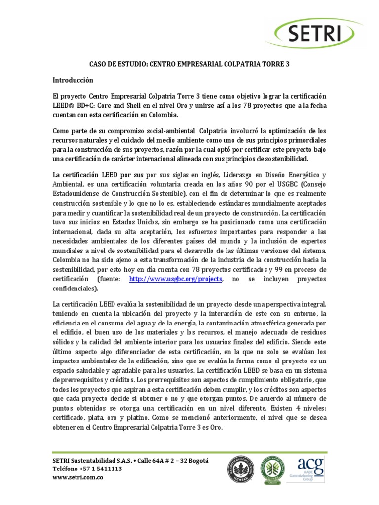 Certificación LEED Gold - USGBC Centro Empresarial Colpatria | PDF ...