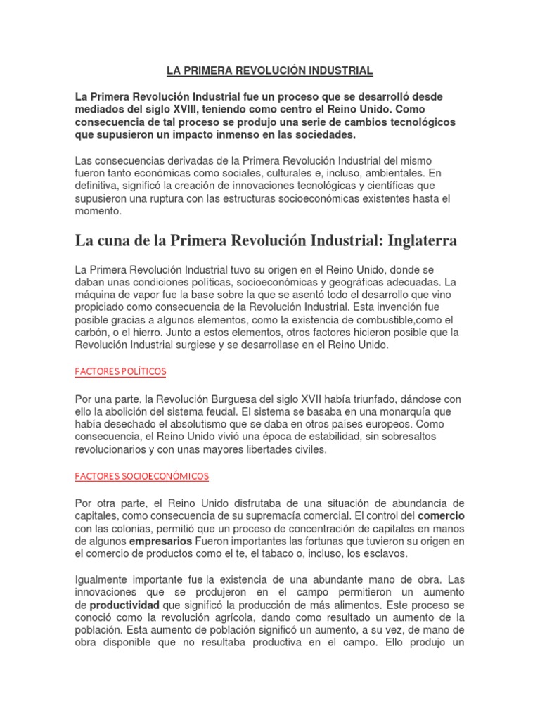 LA PRIMERA REVOLUCIÓN INDUSTRIAL 4to | PDF | Revolución industrial ...