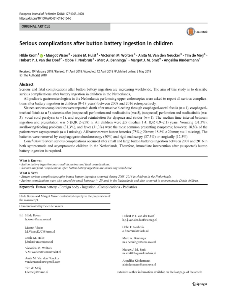 Serious Complications After Button Battery Ingestion in Children ...