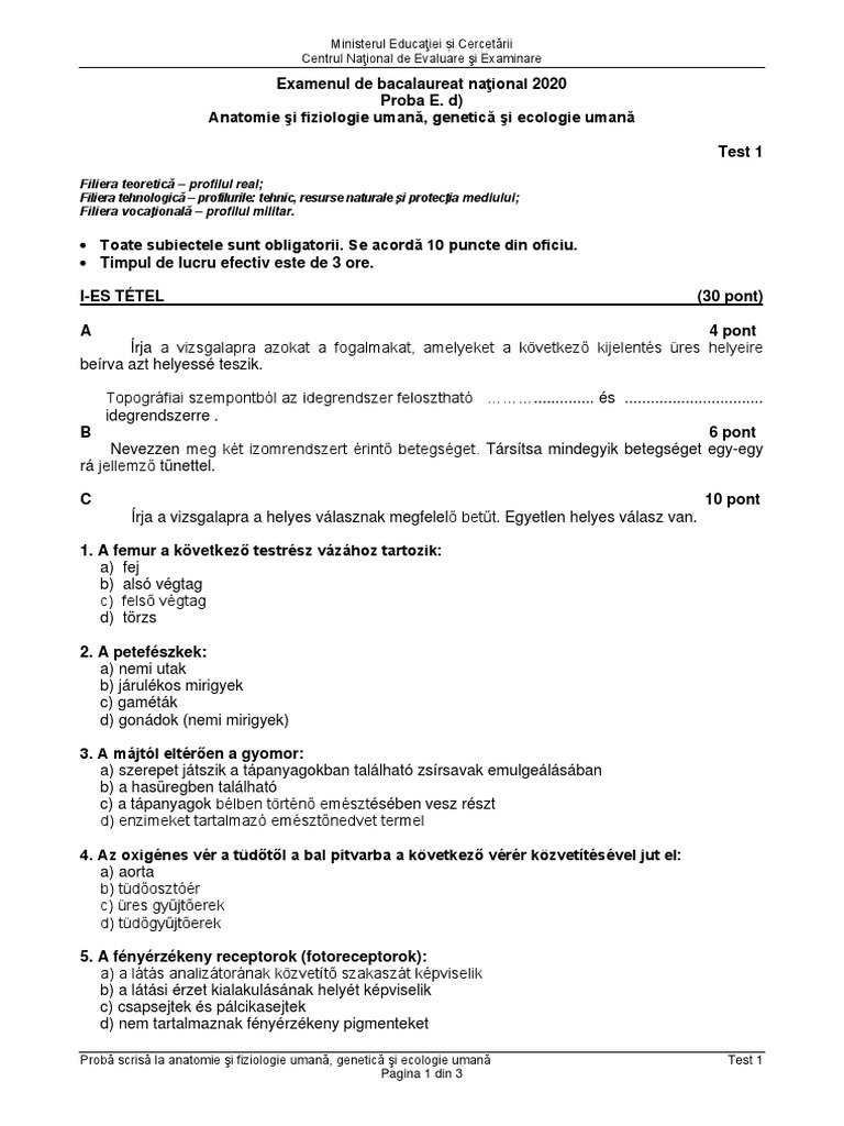 BAC - 2020 - Anatomie - Teste - Var.1. LB - Maghiara | PDF