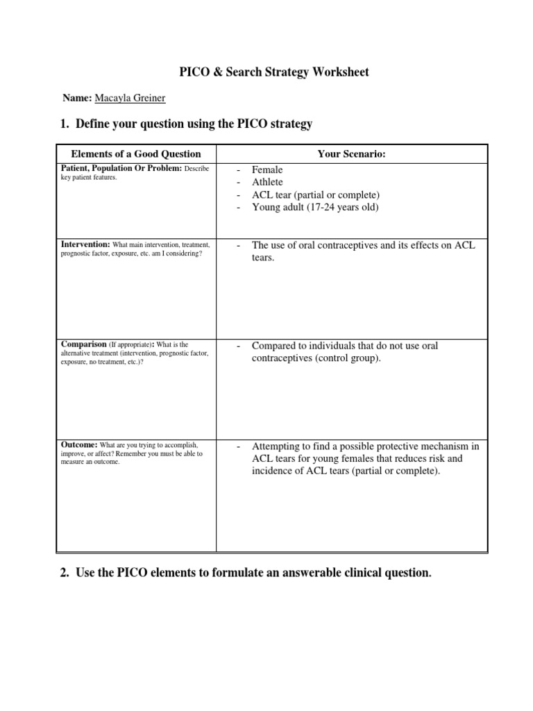 PICO & Search Strategy Worksheet: Name: Macayla Greiner | PDF | Cohort Study | Pub Med