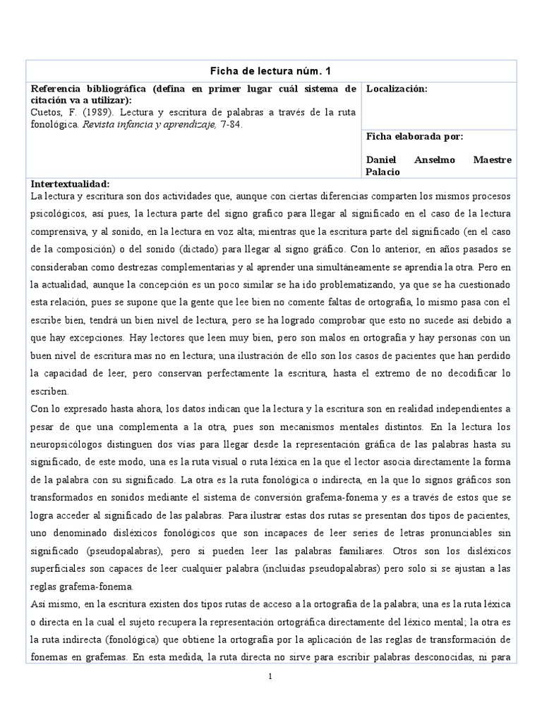 Ficha de Lectura, Ruta Fonológica | PDF | Fonología | Palabra