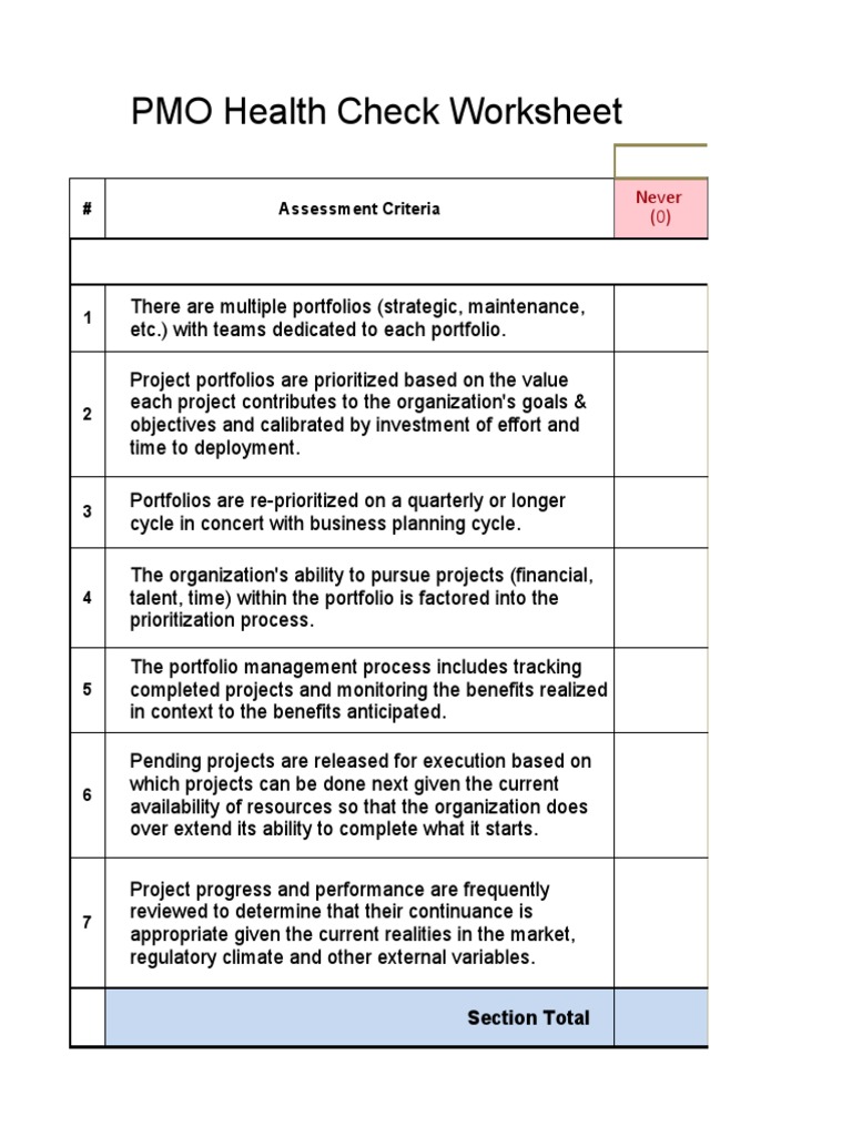PMO Health Check Worksheet: Assessment | PDF | Leadership | Economies PMO Health Check Worksheet: Assessment | PDF | Leadership | Economies